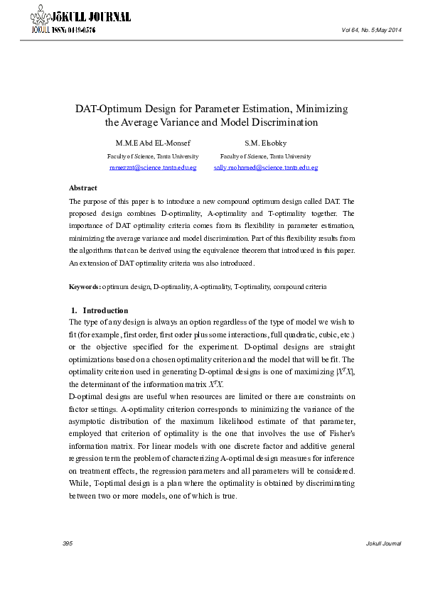 (PDF) DAT-Optimum Design for Parameter Estimation, Minimizing the Average Variance and Model ...