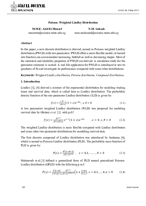 Pdf Poisson Weighted Lindley Distribution