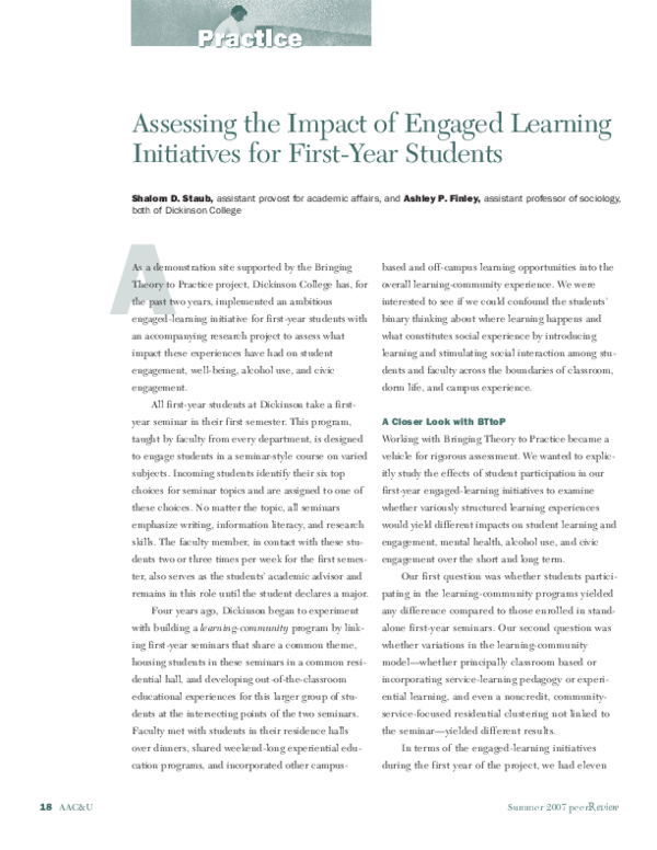 (PDF) Assessing the Impact of Engaged Learning Initiatives for First ...