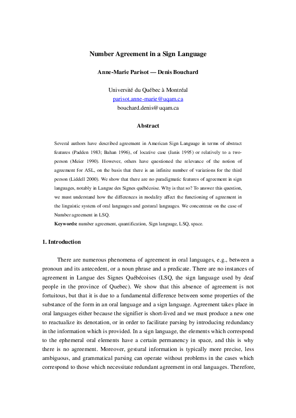 (PDF) Number agreement in a Sign Language