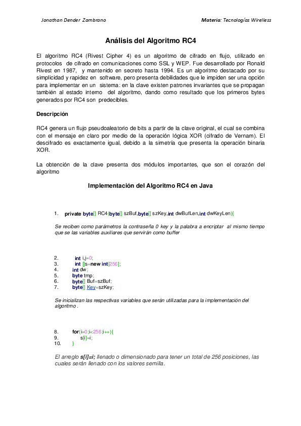 (DOC) Análisis del Algoritmo RC4 El algoritmo RC4 (Rivest Cipher 4