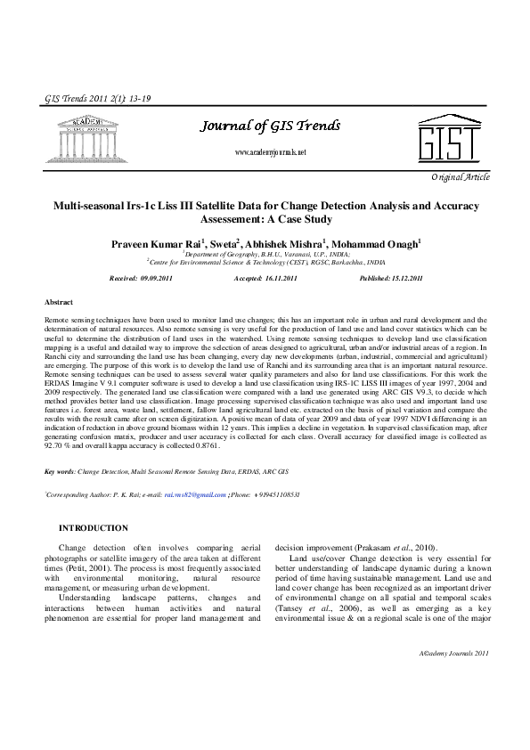 (PDF) Multi-seasonal Irs-1c Liss III Satellite Data for Change Detection Analysis and Accuracy ...