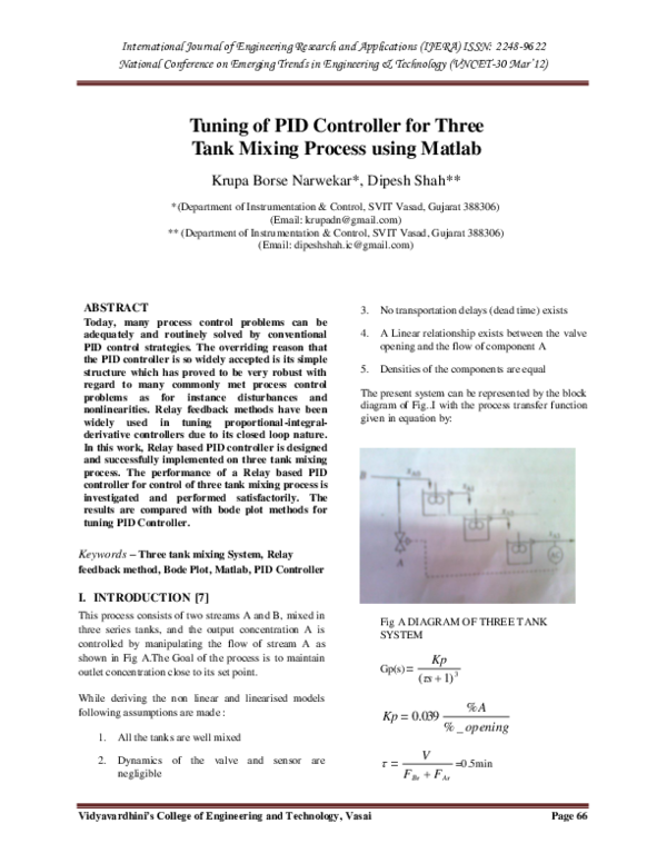 (PDF) Tuning of PID Controller for Three Tank Mixing Process using Matlab