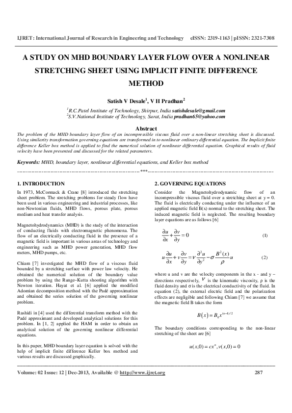 (PDF) A STUDY ON MHD BOUNDARY LAYER FLOW OVER A NONLINEAR STRETCHING SHEET USING IMPLICIT FINITE ...