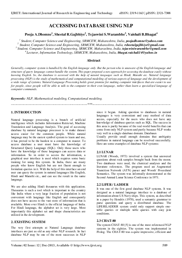 (PDF) ACCESSING DATABASE USING NLP