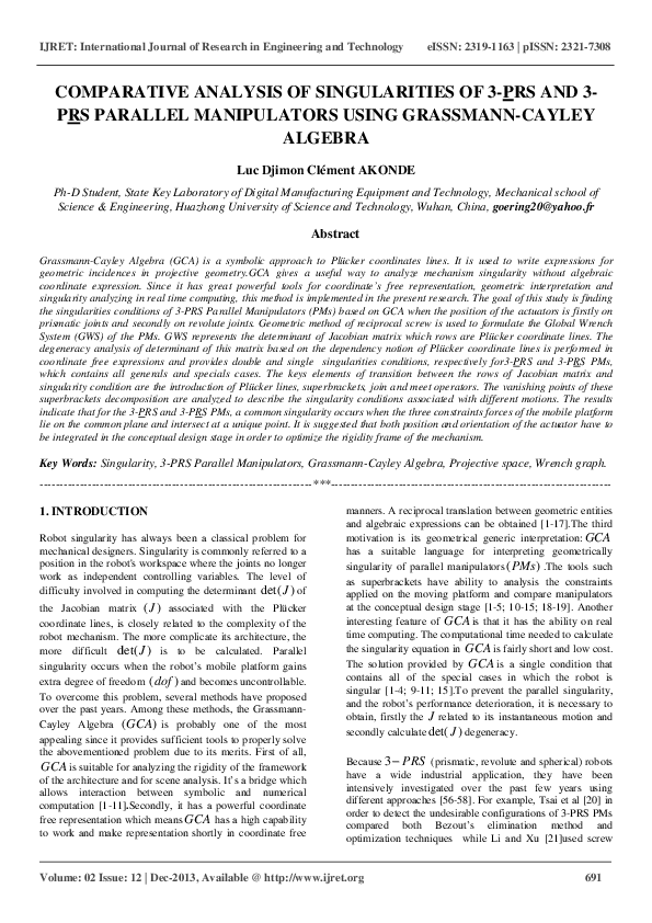 (PDF) COMPARATIVE ANALYSIS OF SINGULARITIES OF 3-PRS AND 3- PRS PARALLEL MANIPULATORS USING ...