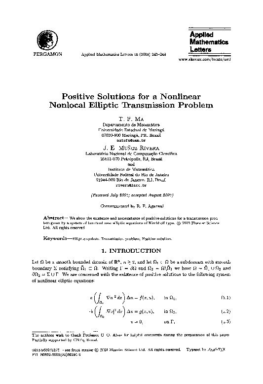 (PDF) Positive solutions for a nonlinear nonlocal elliptic transmission problem