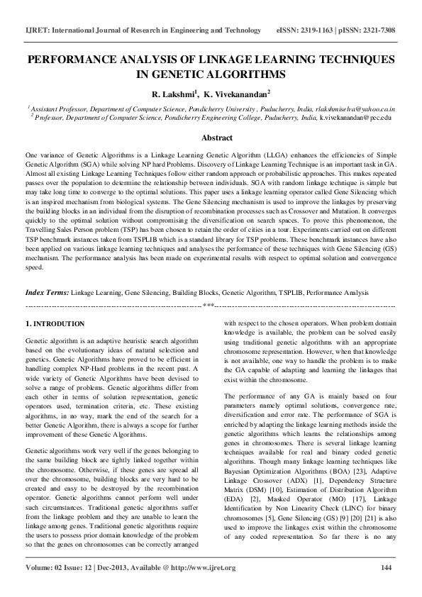 (PDF) PERFORMANCE ANALYSIS OF LINKAGE LEARNING TECHNIQUES IN GENETIC ALGORITHMS