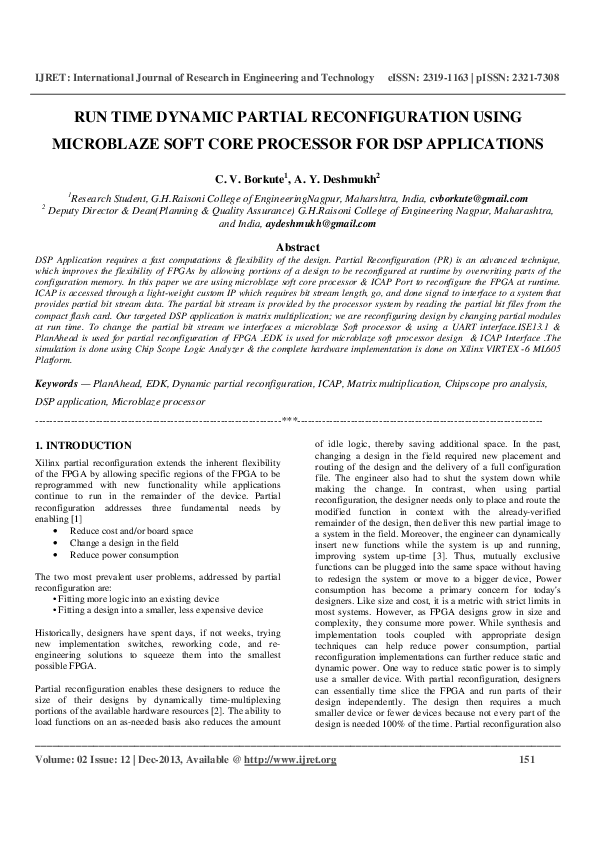 Pdf Run Time Dynamic Partial Reconfiguration Using Microblaze Soft Core Processor For Dsp