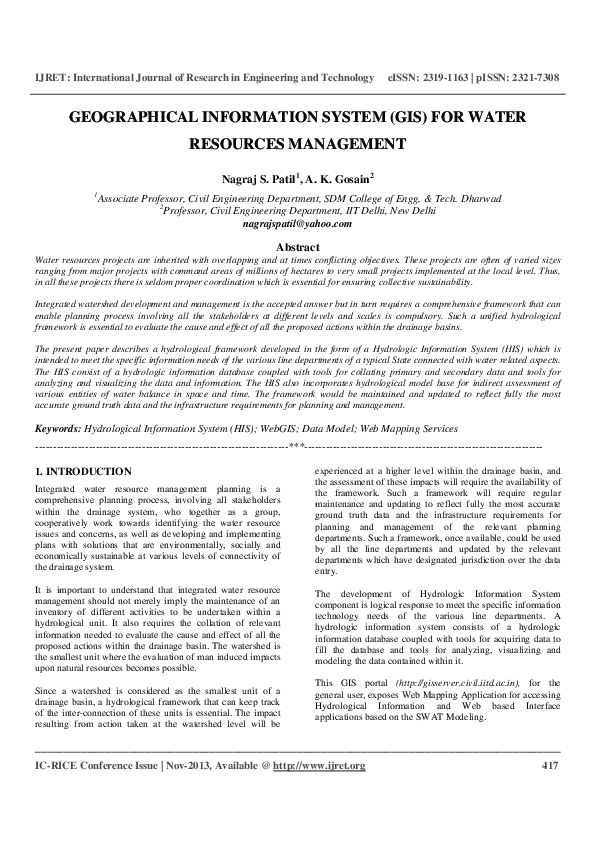 (PDF) GEOGRAPHICAL INFORMATION SYSTEM (GIS) FOR WATER RESOURCES MANAGEMENT