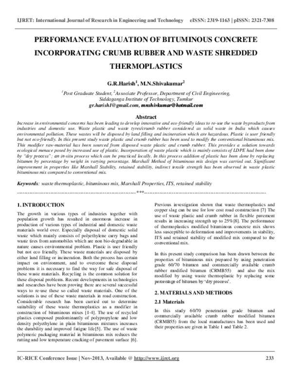 (PDF) PERFORMANCE EVALUATION OF BITUMINOUS CONCRETE INCORPORATING CRUMB ...