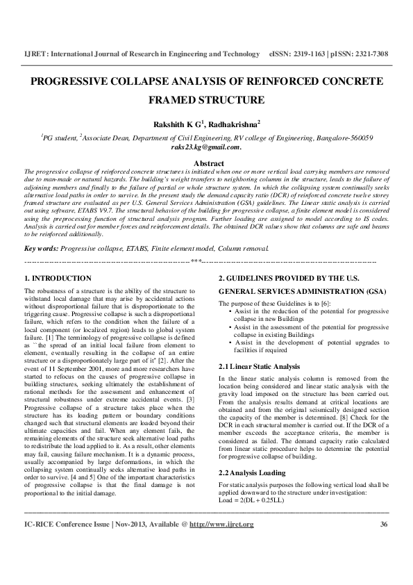 Pdf Progressive Collapse Analysis Of Reinforced Concrete Framed Structure