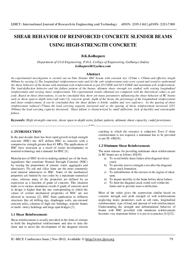 Pdf Shear Behavior Of Reinforced Concrete Slender Beams Using High Strength Concrete