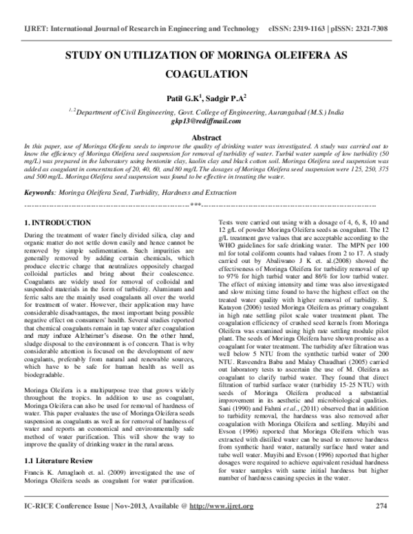 Pdf Study On Utilization Of Moringa Oleifera As Coagulation