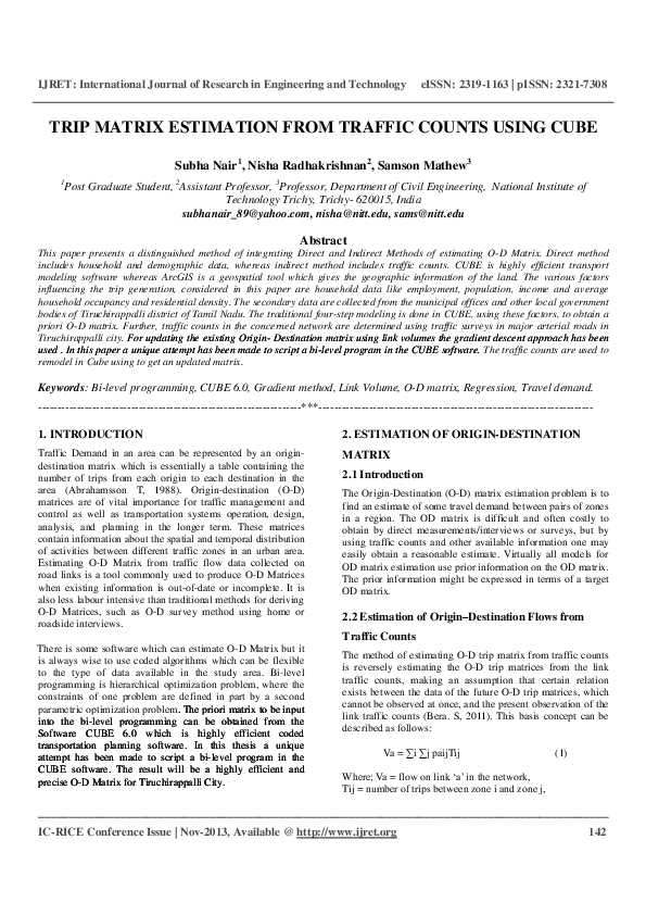 Pdf Trip Matrix Estimation From Traffic Counts Using Cube