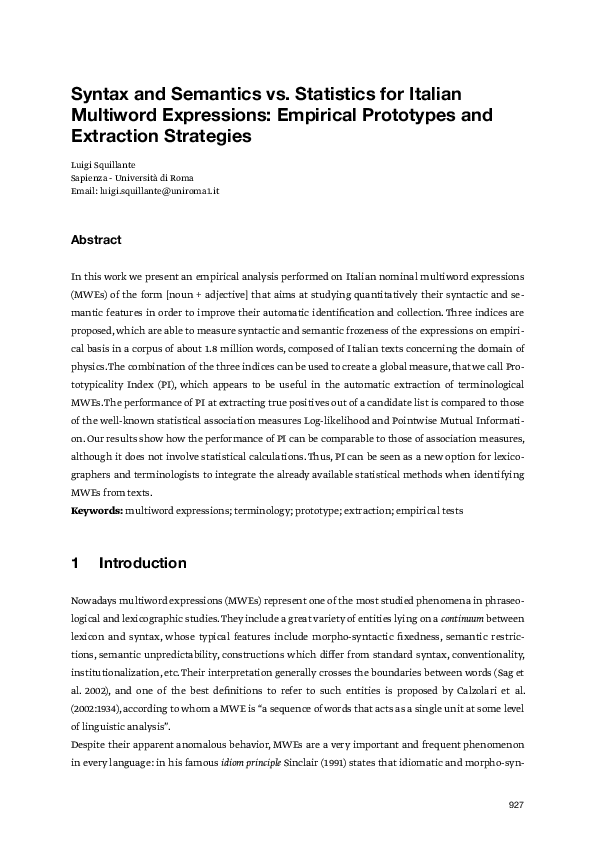 Pdf Syntax And Semantics Vs Statistics For Italian Multiword Expressions Empirical