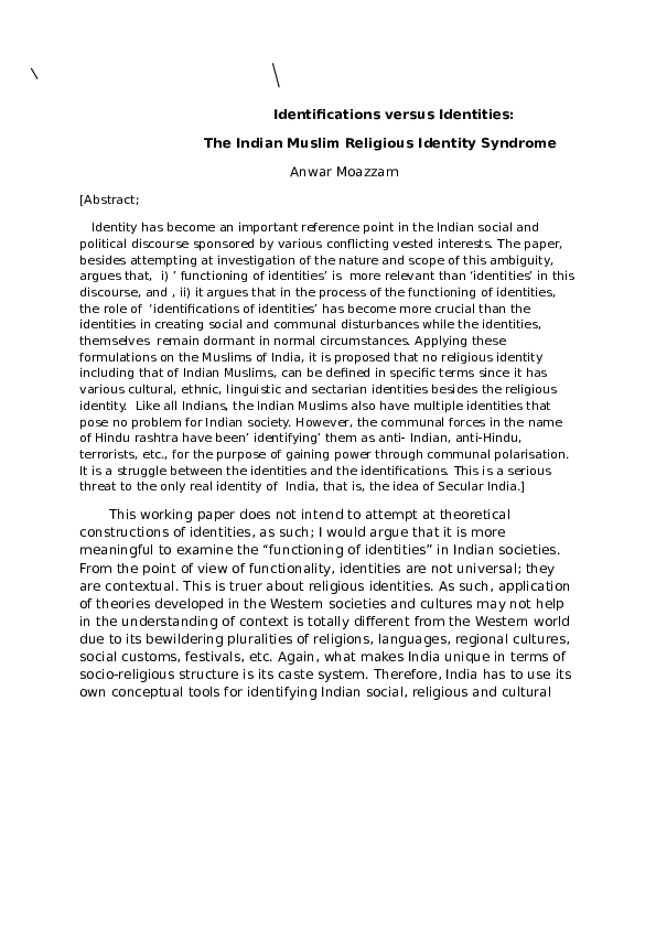 (DOC) Identifications versus Identities: The Indian Muslim Religious ...
