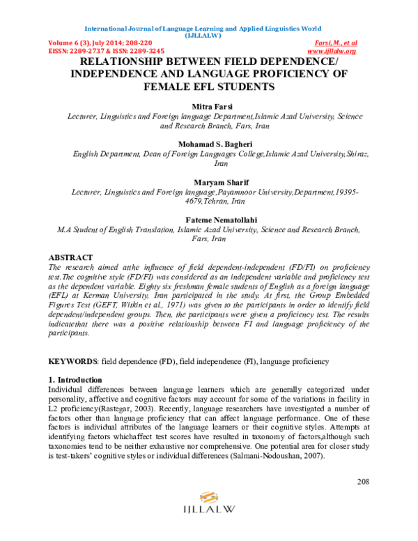 (PDF) RELATIONSHIP BETWEEN FIELD DEPENDENCE/ INDEPENDENCE AND LANGUAGE ...