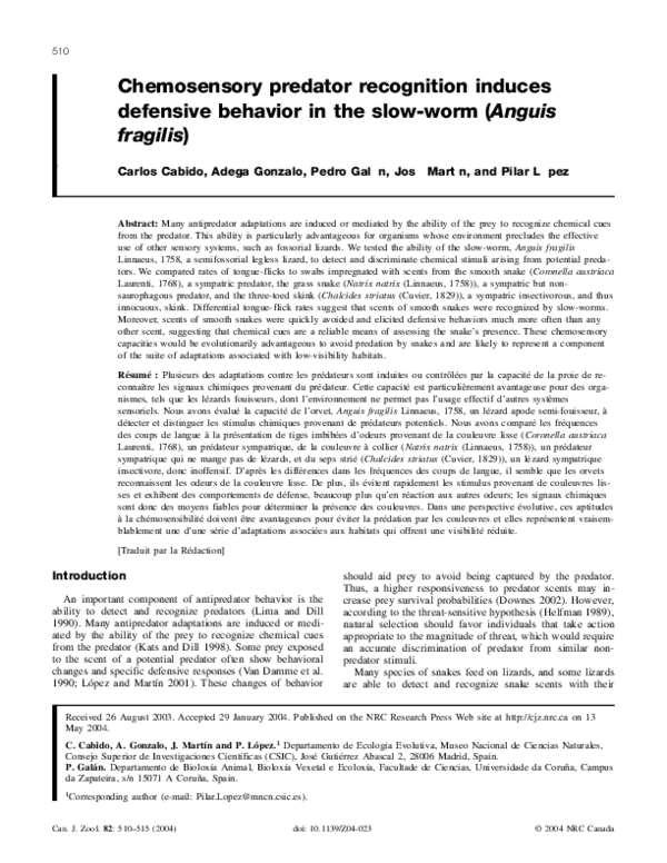 (PDF) Chemosensory predator recognition induces defensive behavior in the slow-worm ( Anguis ...