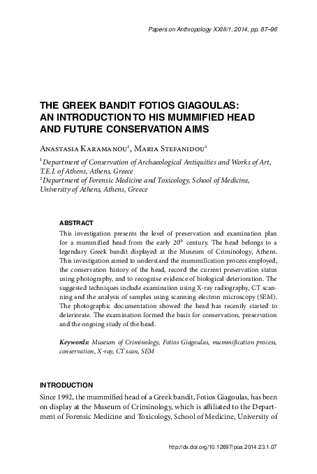 THE GREEK BANDIT FOTIOS GIAGOULAS: AN INTRODUCTION TO HIS MUMMIFIED ...