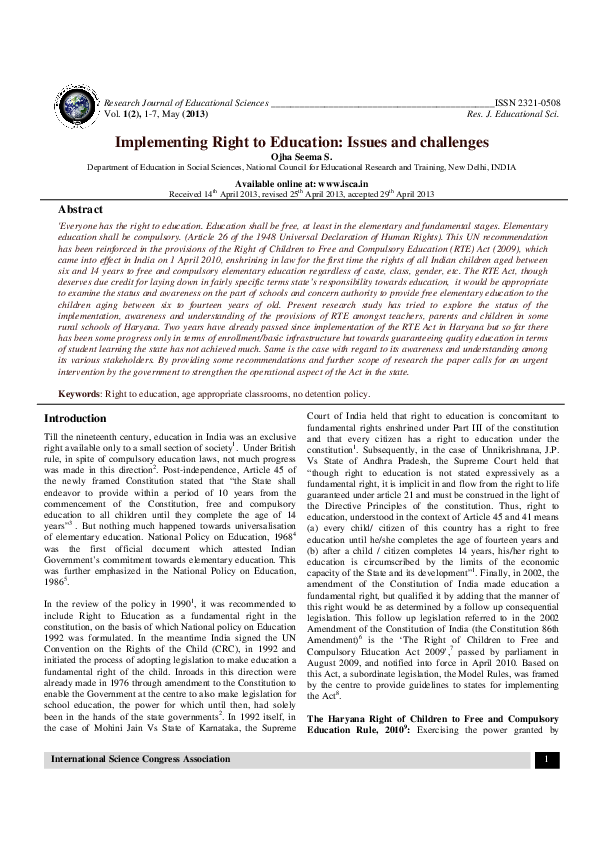 (PDF) Implementing Right to Education : Issues and challenges