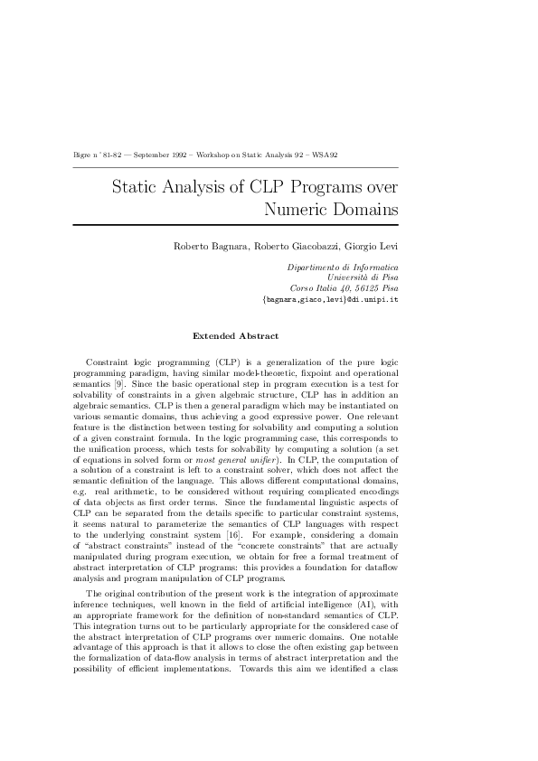 (PDF) Static Analysis of CLP Programs over Numeric Domains