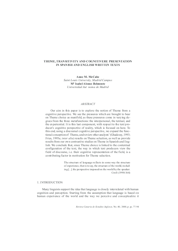 (PDF) THEME, TRANSITIVITY AND COGNITIVE PRESENTATION IN SPANISH AND ...