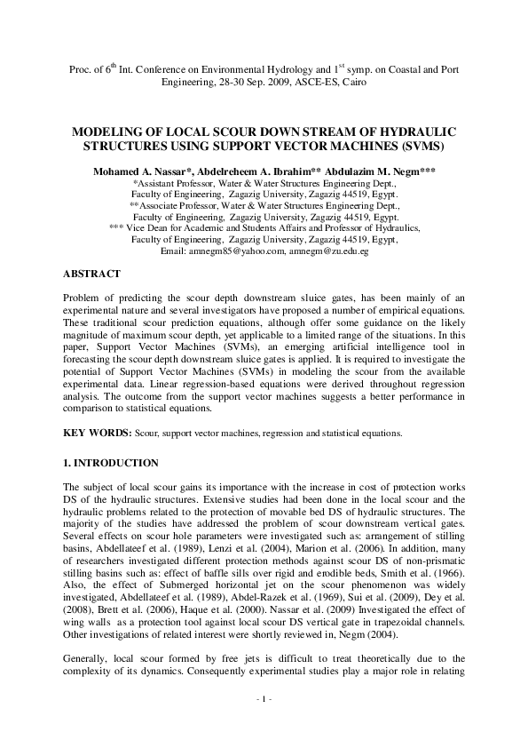 Pdf Modeling Of Local Scour Down Stream Of Hydraulic Structures Using Support Vector Machines