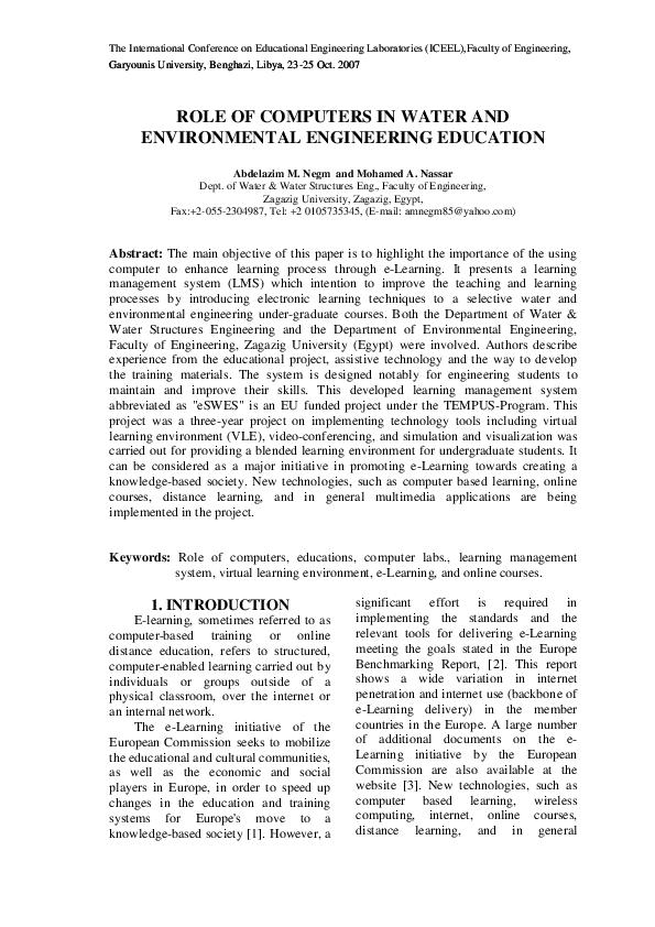 (PDF) ROLE OF COMPUTERS IN WATER AND ENVIRONMENTAL ENGINEERING EDUCATION