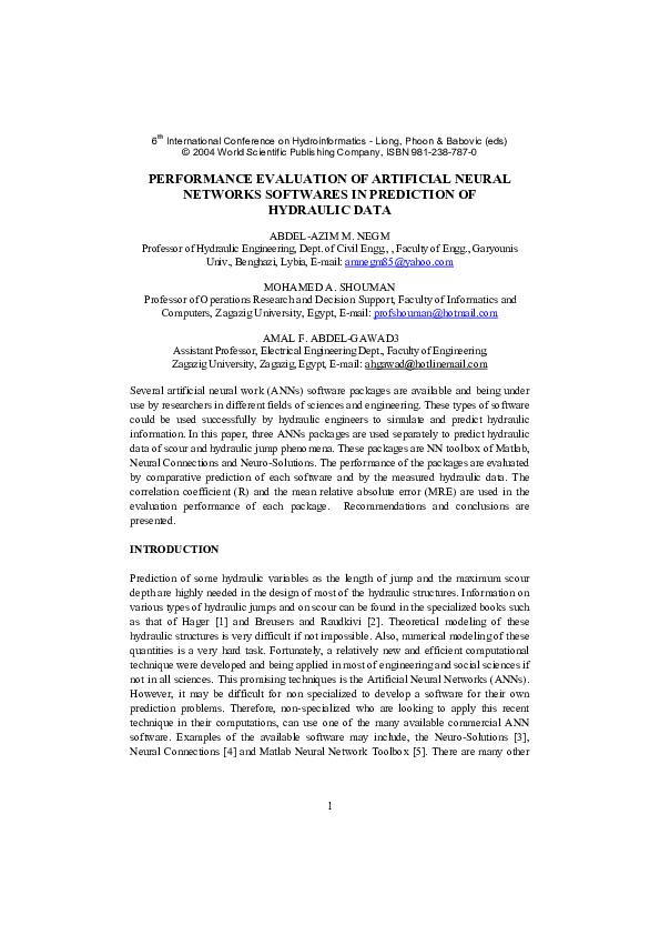 Pdf Performance Evaluation Of Artificial Neural Networks Softwares In Prediction Of Hydraulic Data