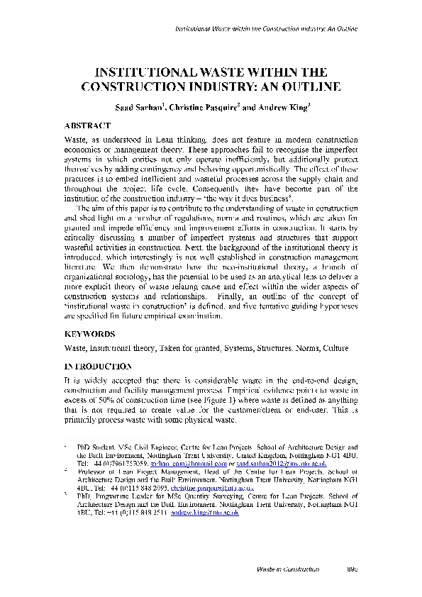 (PDF) Institutional Waste within the Construction Industry: An Outline