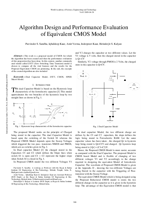 Pdf Algorithm Design And Performance Evaluation Of Equivalent Cmos Model