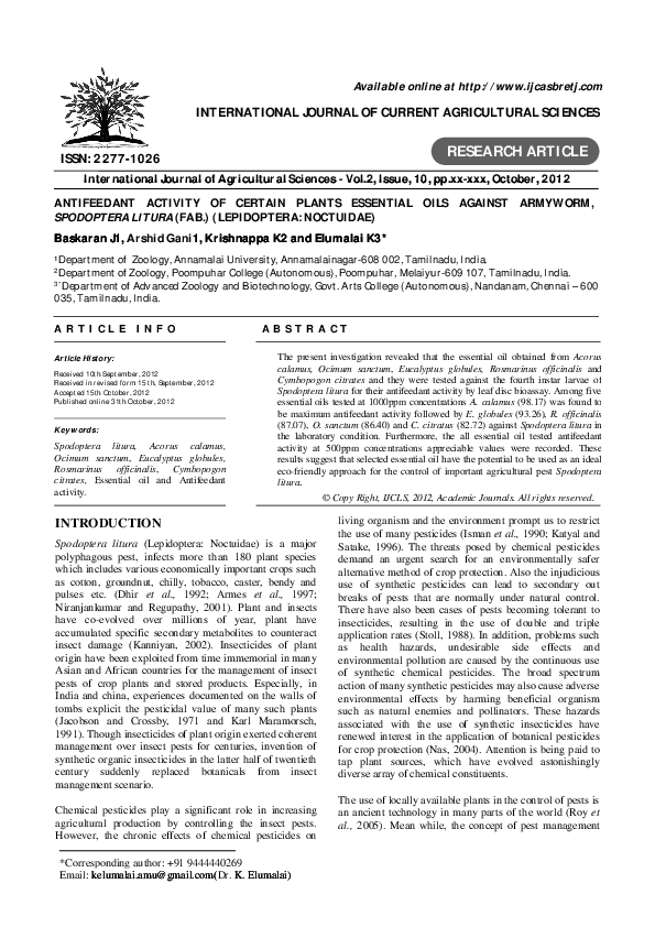 (PDF) ANTIFEEDANT ACTIVITY OF CERTAIN PLANTS ESSENTIAL OILS AGAINST ...