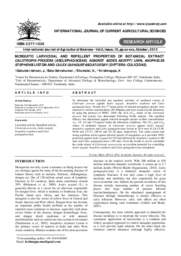 (PDF) MOSQUITO LARVICIDAL AND REPELLENT PROPERTIES OF BOTANICAL EXTRACT CALOTROPIS PROCERA ...