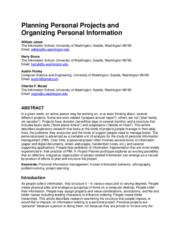(PDF) Planning personal projects and organizing personal information