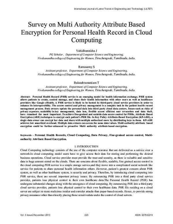 Survey On Multi Authority Attribute Based Encryption For Personal Health Record In Cloud