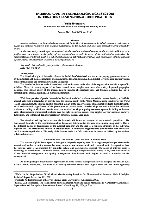 (PDF) INTERNAL AUDIT IN THE PHARMACEUTICAL SECTOR: INTERNATIONAL AND NATIONAL GOOD PRACTICES