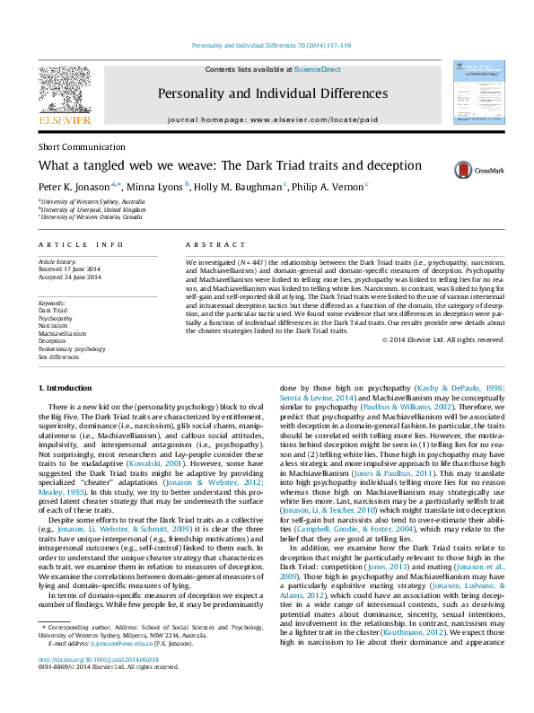 (PDF) What a tangled web we weave: The Dark Triad traits and deception