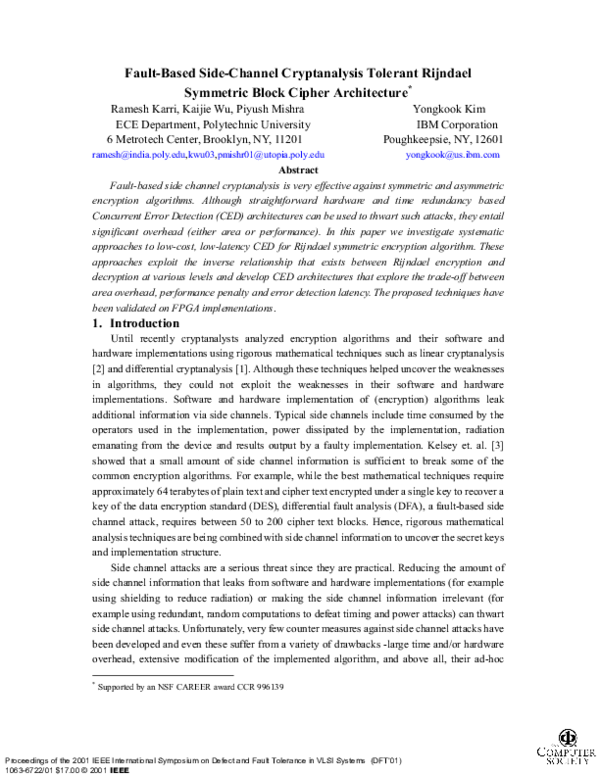 (PDF) Fault-Based Side-Channel Cryptanalysis Tolerant Rijndael Symmetric Block Cipher Architecture