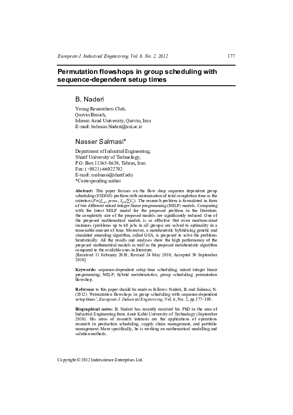 (PDF) Permutation flowshops in group scheduling with sequence-dependent setup times