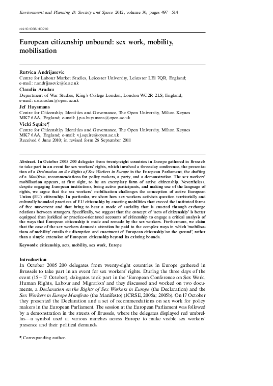 Pdf European Citizenship Unbound Sex Work Mobility Mobilisation