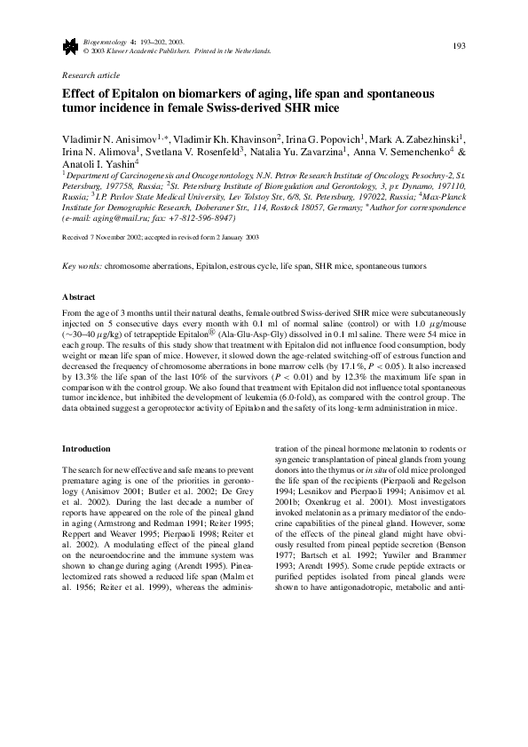 (PDF) Effect of Epitalon on biomarkers of aging, life span and ...