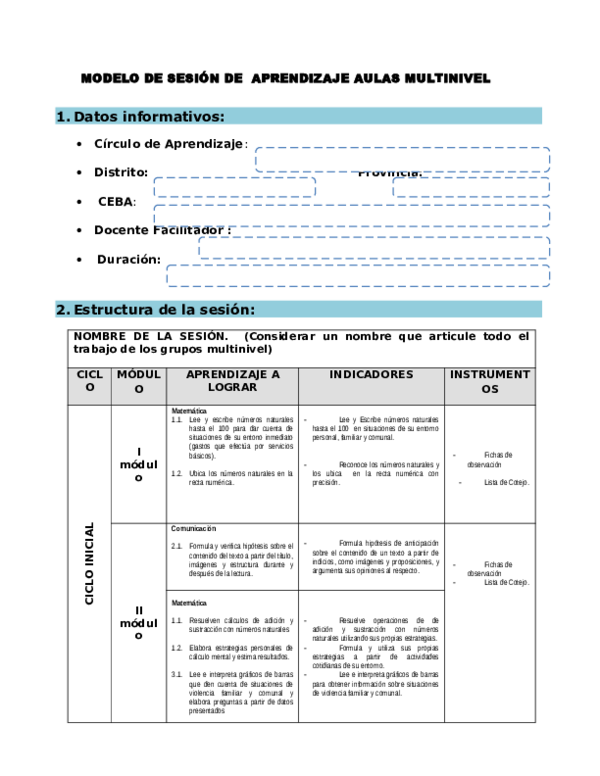 (DOC) MODELO DE SESIÓN DE APRENDIZAJE AULAS MULTINIVEL 1. Datos informativos: @BULLET Círculo de ...