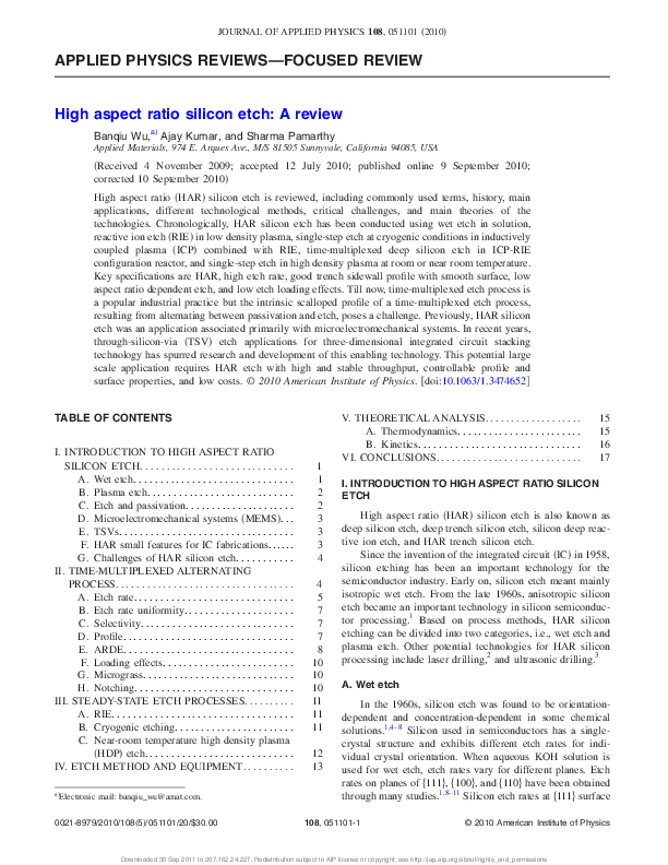Pdf Applied Physics Reviews—focused Review High Aspect Ratio Silicon Etch A Review