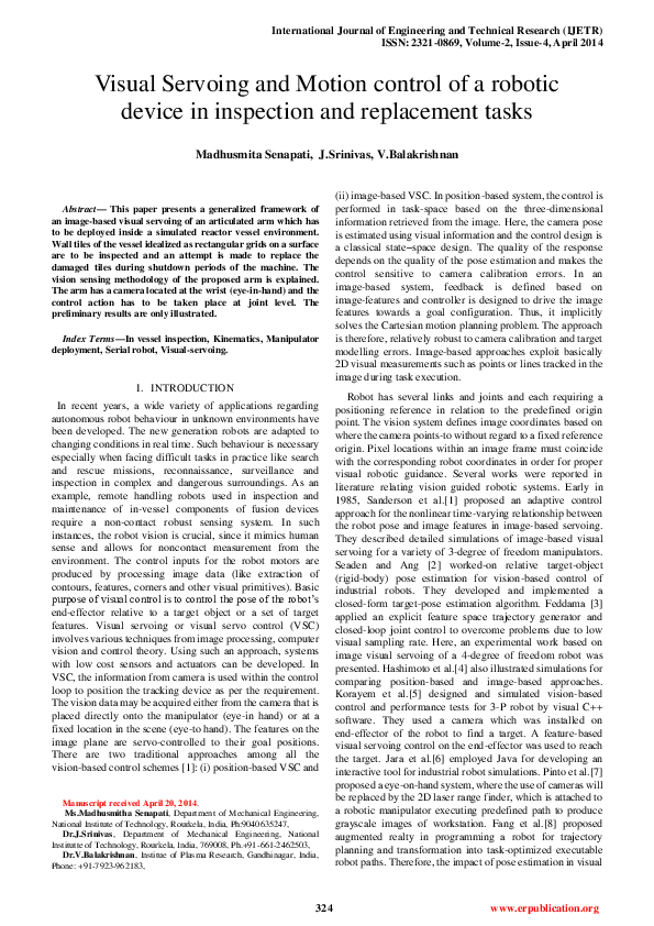 (PDF) Visual Servoing and Motion control of a robotic device in inspection and replacement tasks