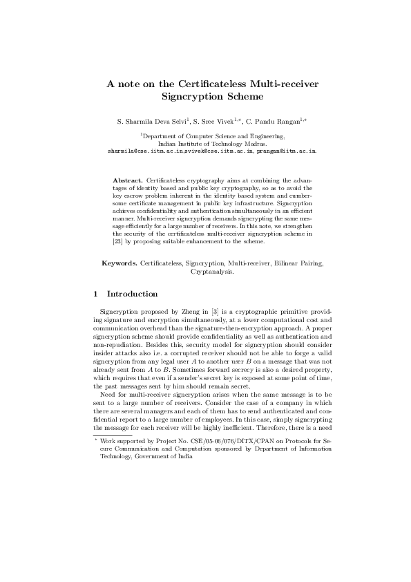 Pdf A Note On The Certificateless Multi Receiver Signcryption Scheme