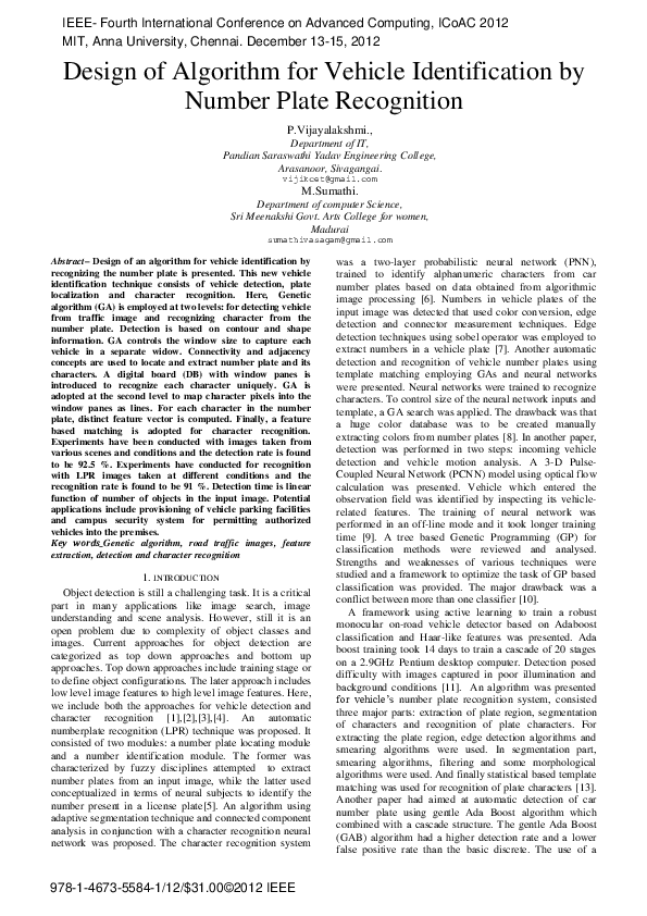 Pdf Design Of Algorithm For Vehicle Identification By Number Plate
