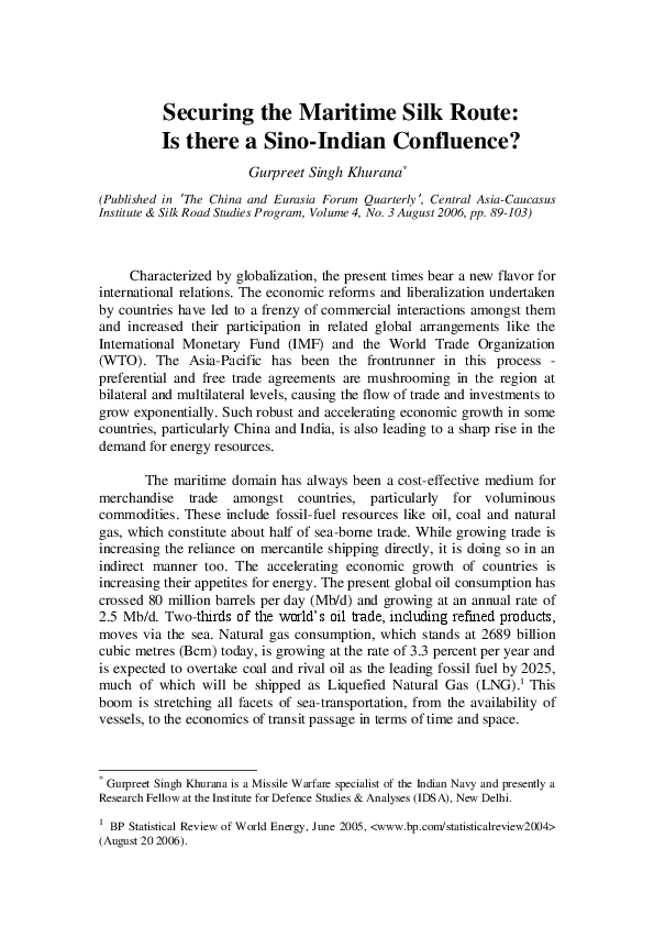 (PDF) Securing the Maritime Silk Route: Is there a Sino-Indian Confluence?