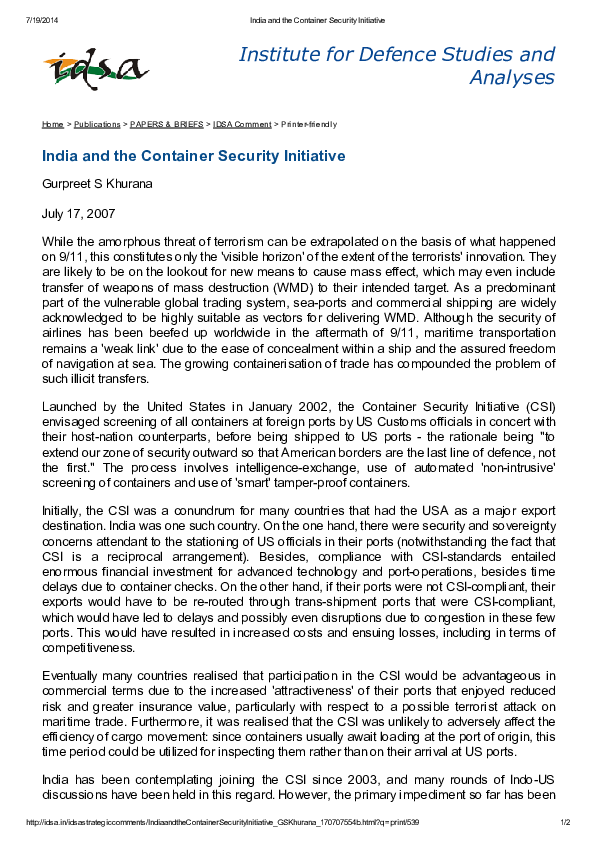 (PDF) India and the Container Security Initiative (CSI)