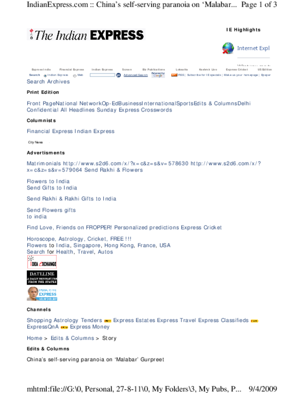 (PDF) China’s self-serving paranoia on ‘Malabar’ Naval Exercises